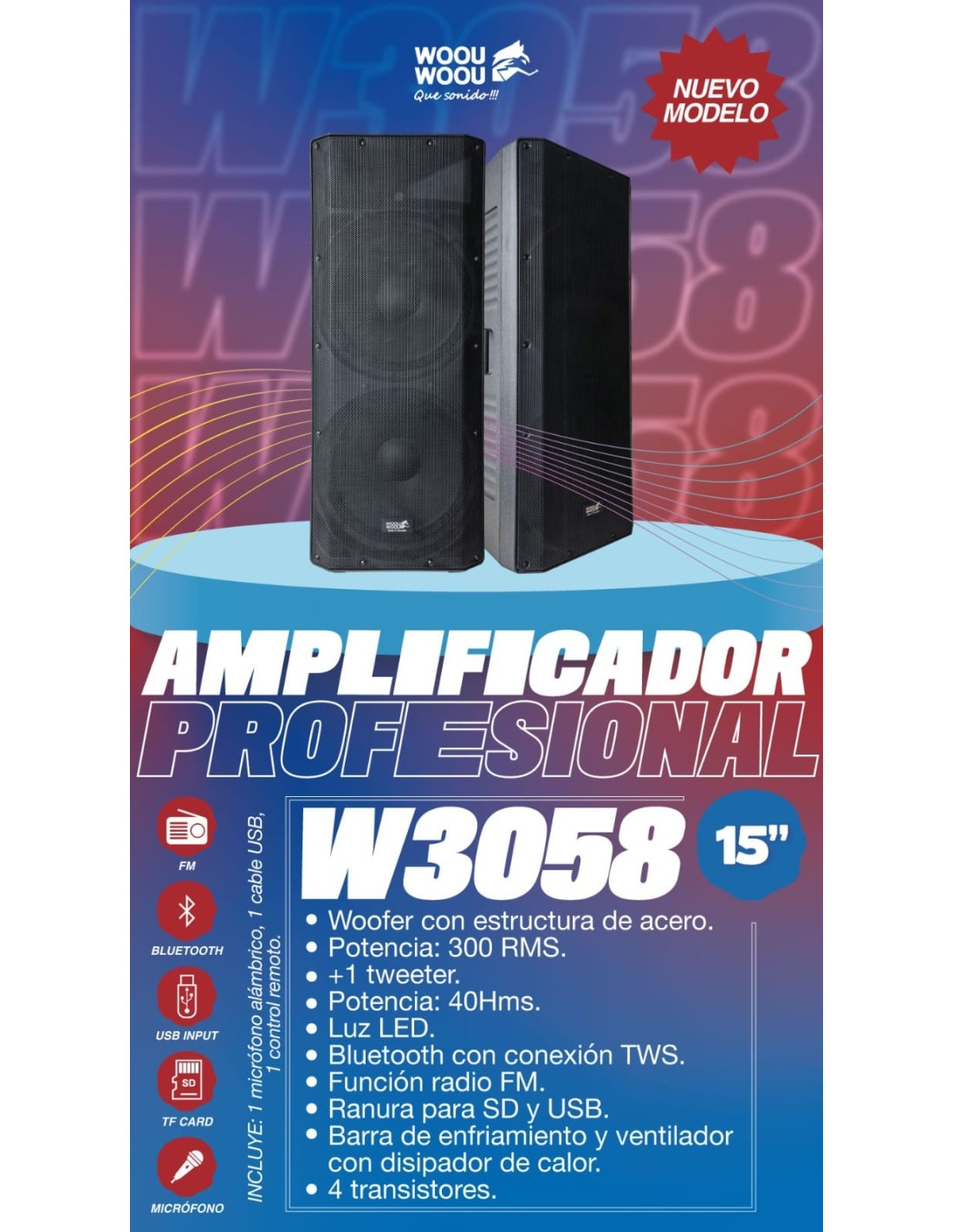 CAJA AMPLIFICADA WOOU WOOU W3058 DOBLE PARLATE 15"